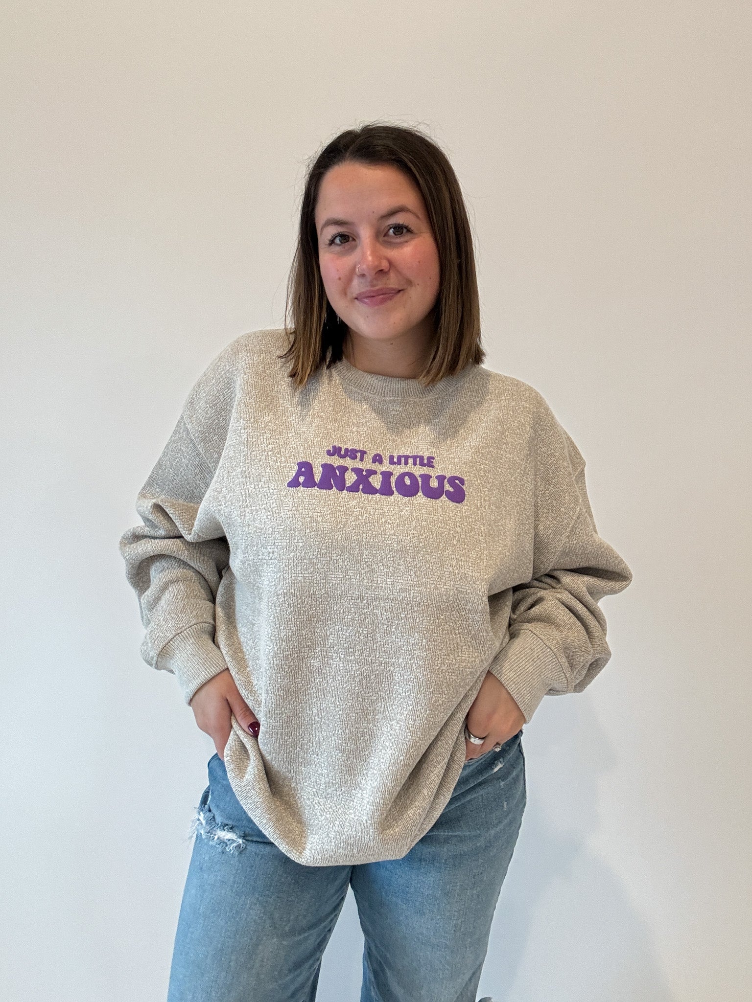 Just A Little Anxious Purple Puff Print Crewneck – Brenna M & Co